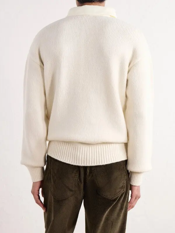 Loewe Anagram-embroidered Cotton Twill-trimmed Wool-blend Polo Sweater - Neutrals