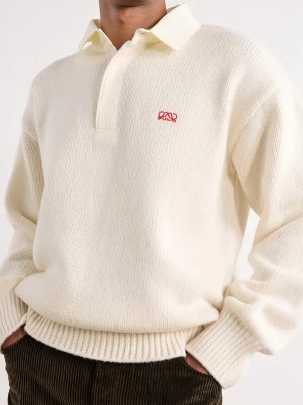 Loewe Anagram-embroidered Cotton Twill-trimmed Wool-blend Polo Sweater - Neutrals