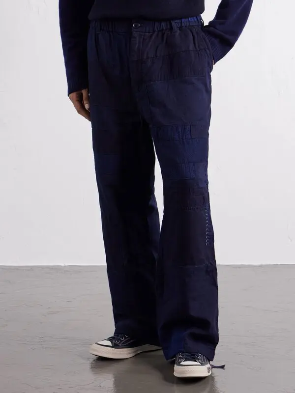 Blue Blue Japan Nenrin Wide-leg Drawstring Patchwork Cotton-sashiko Trousers