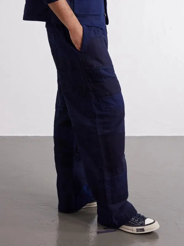 Blue Blue Japan Nenrin Wide-leg Drawstring Patchwork Cotton-sashiko Trousers