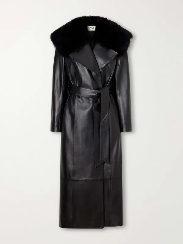Tove Rosa Belted Paneled Shearling-trimmed Leather Wrap Coat