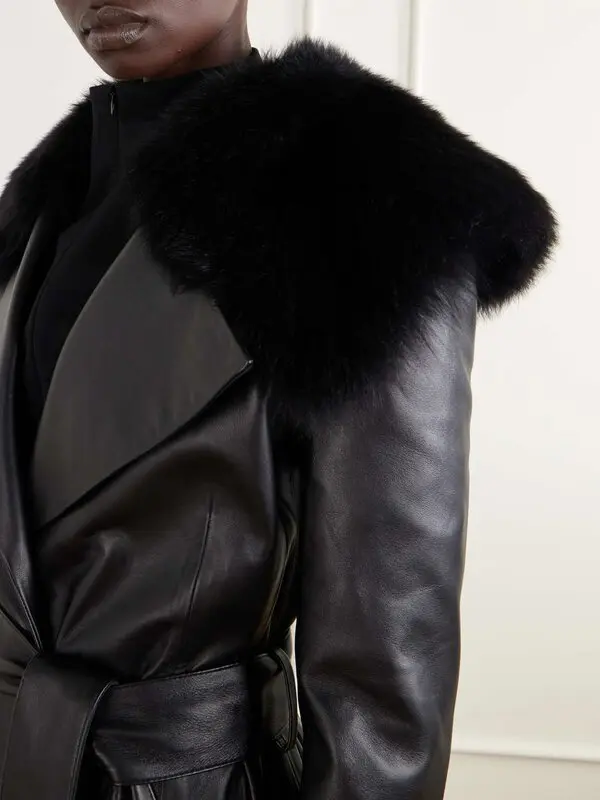 Tove Rosa Belted Paneled Shearling-trimmed Leather Wrap Coat