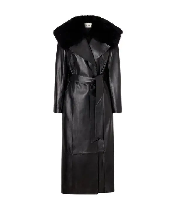 Tove Rosa Belted Paneled Shearling-trimmed Leather Wrap Coat - Black