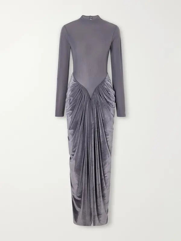 MAYGEL CORONEL Guernica Draped Mesh And Velvet Midi Dress - Gray