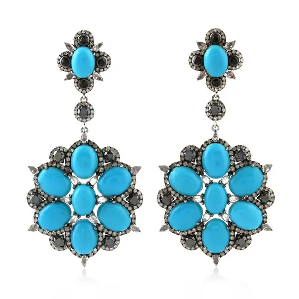 ARTISAN White / Black 18k White Gold & Silver Turquoise, Sapphire, Spinel & Diamond Floral Drop Earrings - White/black