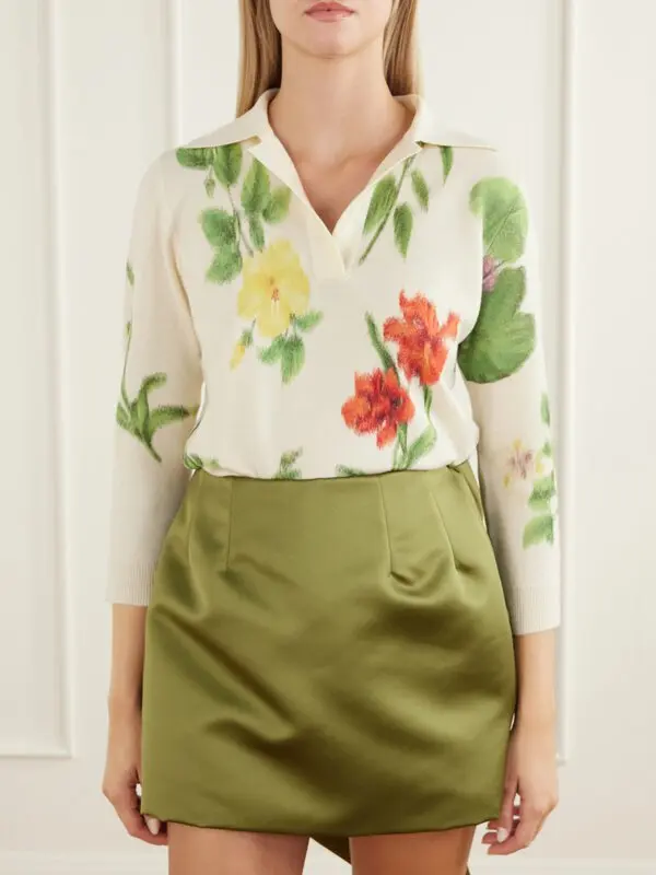 Oscar De La Renta Floral-printed Wool Polo Sweater