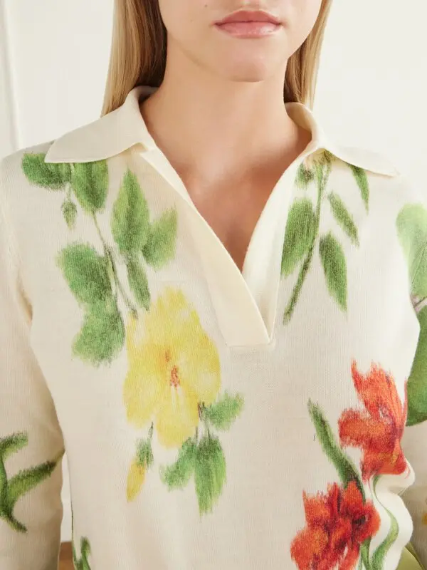 Oscar De La Renta Floral-printed Wool Polo Sweater