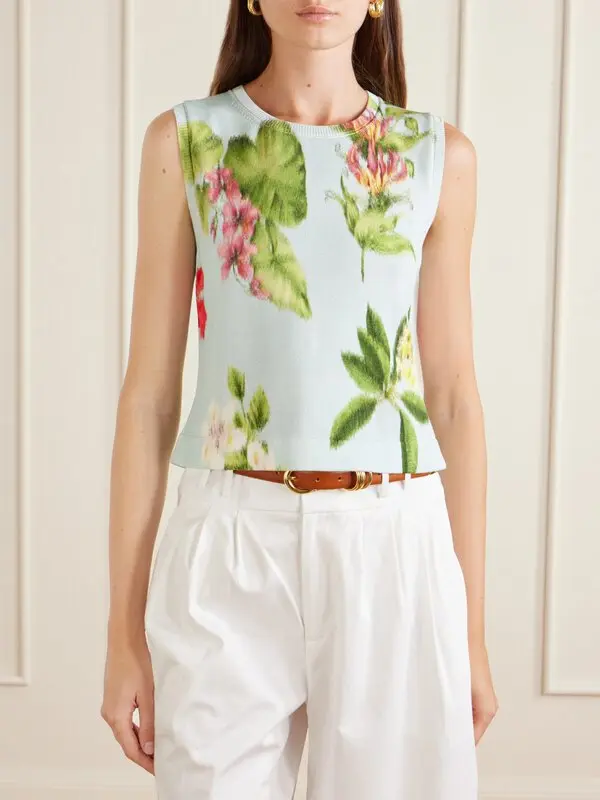 Oscar De La Renta Floral-print Cotton-blend Knitted Tank