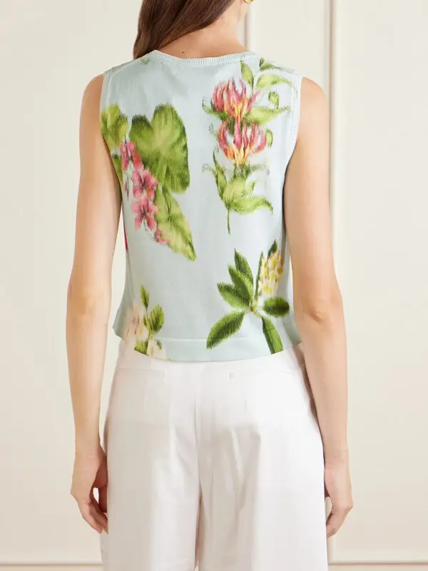 Oscar De La Renta Floral-print Cotton-blend Knitted Tank