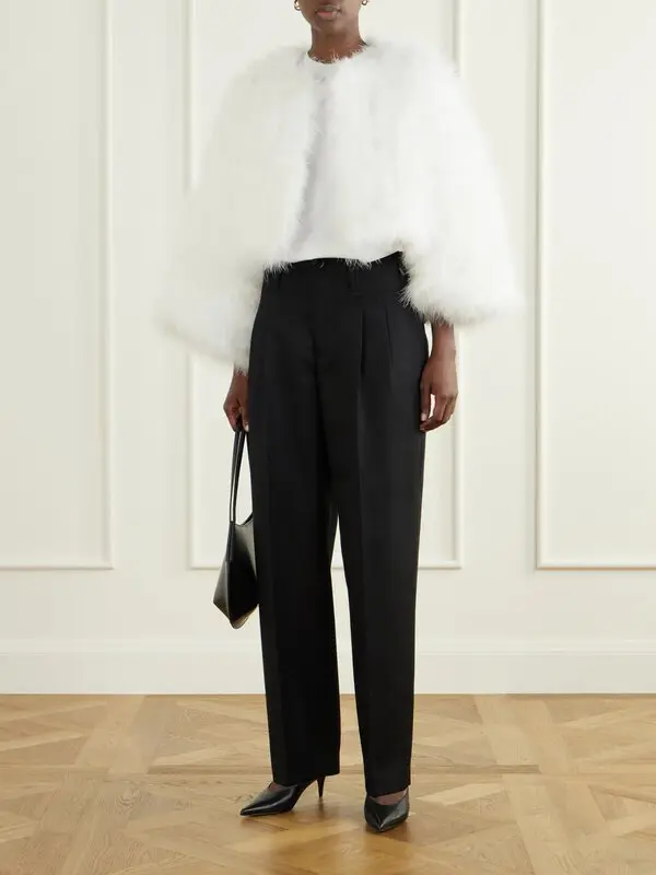 YVES SALOMON Cropped Feather-trimmed Satin Cape