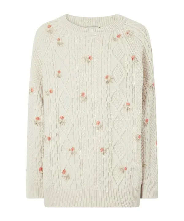 Magda Butrym Floral-print Cable-knit Wool And Cashmere-blend Sweater - White
