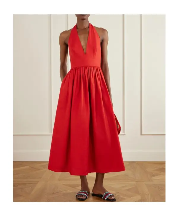 Staud Grazia Gathered Linen Midi Dress