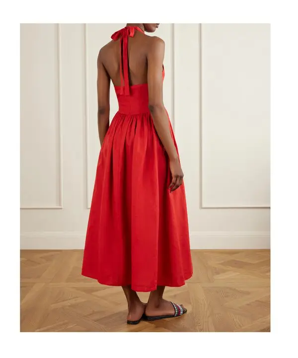 Staud Grazia Gathered Linen Midi Dress
