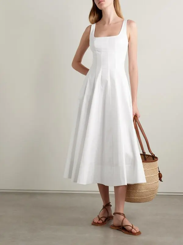 Staud Wells Pleated Cotton-blend Poplin Midi Dress