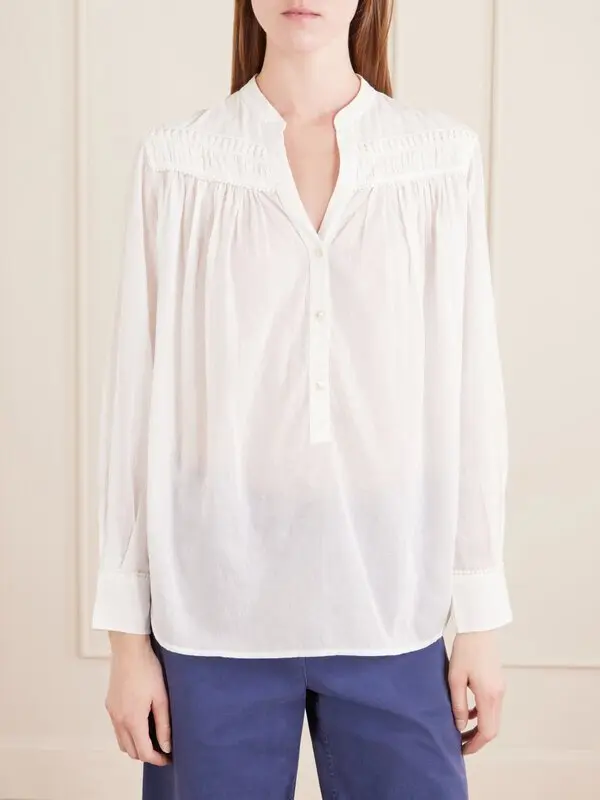 NILI LOTAN Embroidered Gathered Cotton-voile Blouse