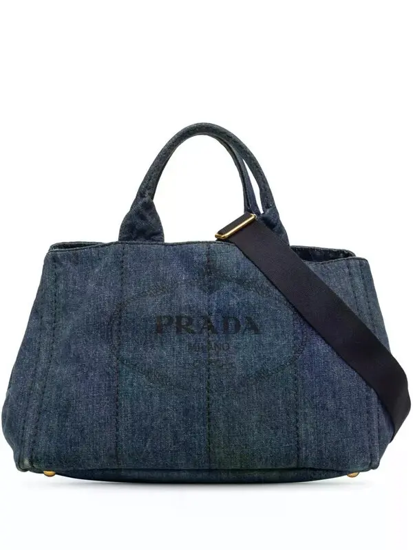 Prada 2013-2026 Denim Canapa Logo Tote Satchel - Blue