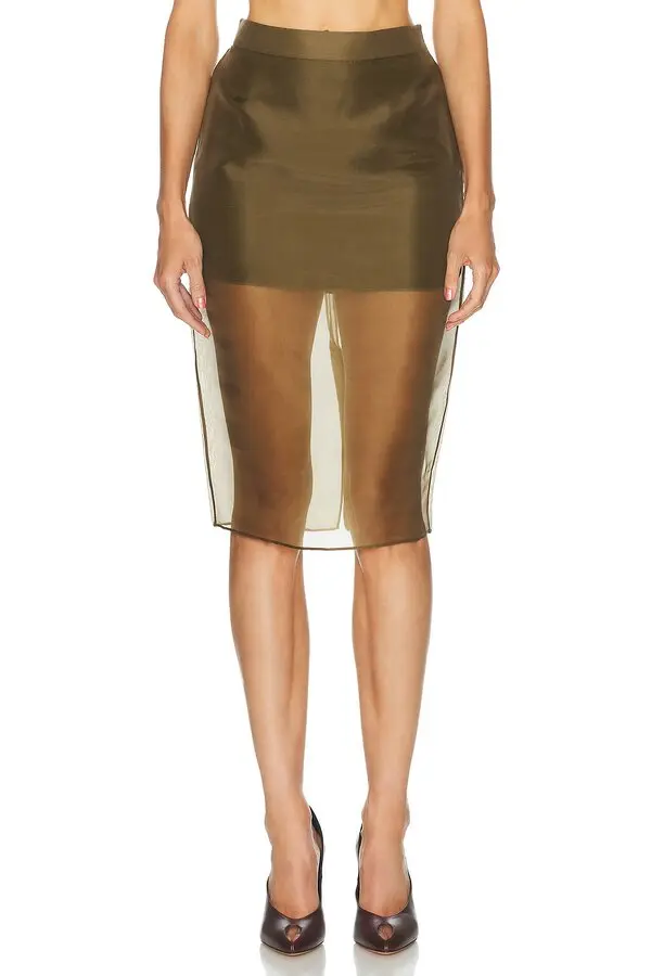 SEROYA Elda Silk Midi Skirt In Army