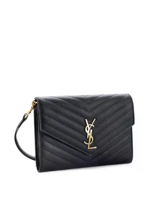 Saint Laurent Classic Monogram Envelope Wristlet Matelasse Chevron Leather Clutch Bag - Black