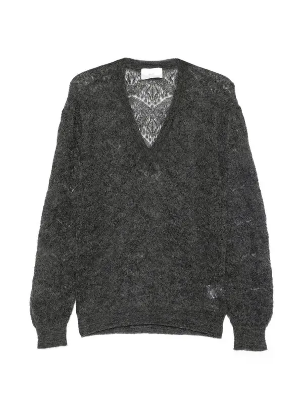 SOLOTRE Lace-knit V-neck Sweater - Grey