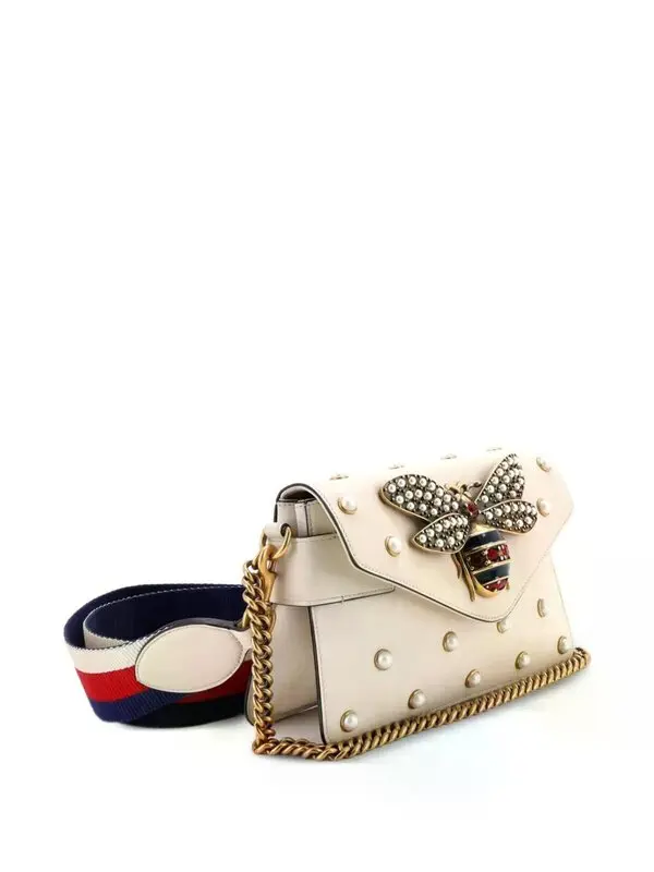 Gucci Broadway Pearly Bee Embellished Leather Mini Shoulder Bag - White