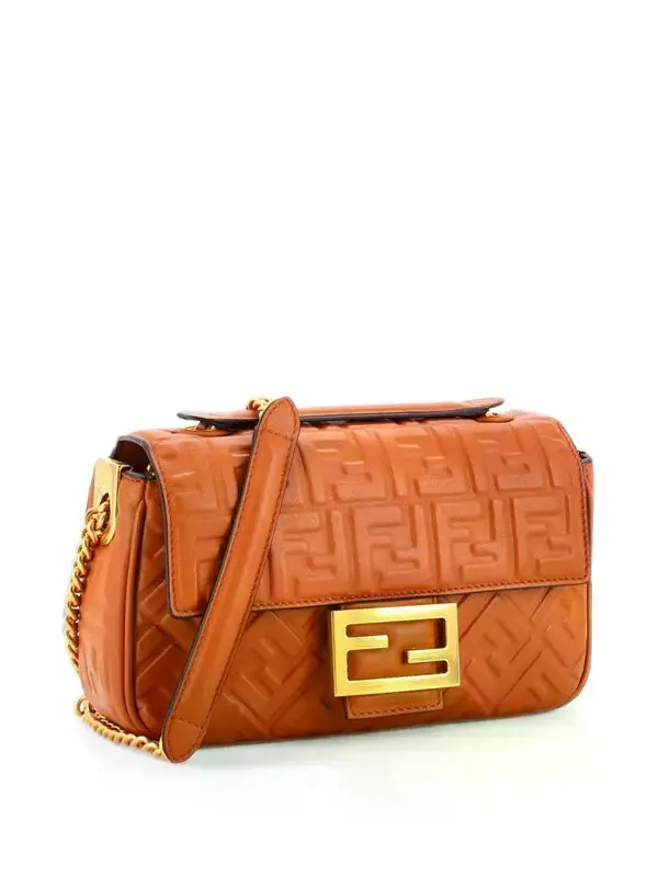 Fendi Midi Baguette Chain Bag Zucca Embossed Leather Small Shoulder Bag