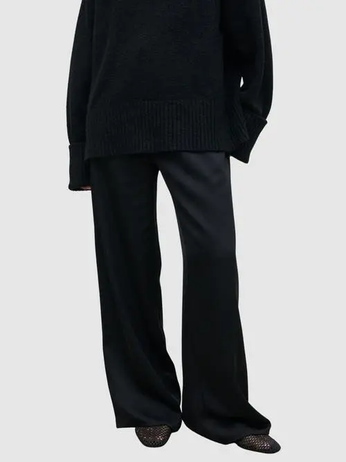 PRETTY LAVISH Breya Satin Drawstring Wide Leg Trouser - Black