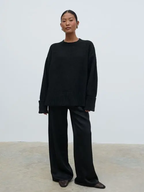 PRETTY LAVISH Breya Satin Drawstring Wide Leg Trouser - Black