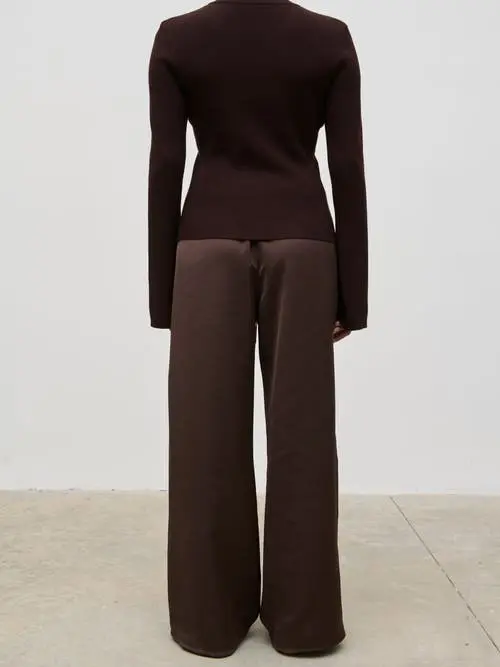 PRETTY LAVISH Breya Satin Drawstring Wide Leg Trousers - Brown
