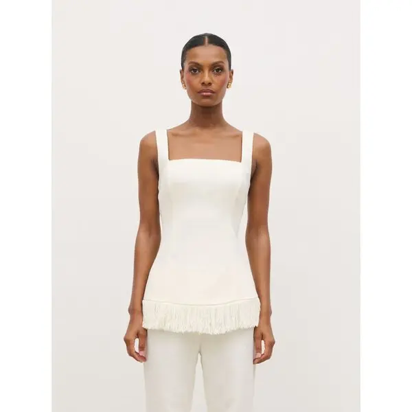 PRETTY LAVISH Verona Fringed Tweed Top - Cream