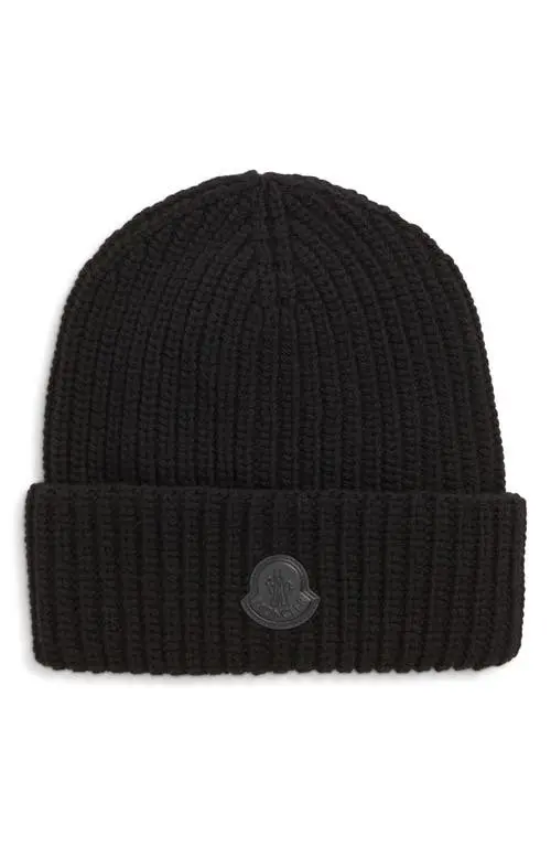 Moncler Logo Patch Virgin Wool & Cashmere Beanie - Black