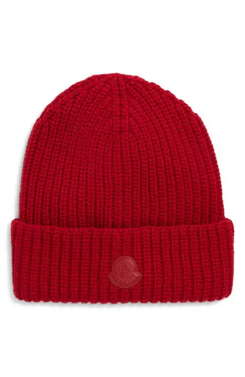 Moncler Logo Patch Virgin Wool & Cashmere Beanie - Red