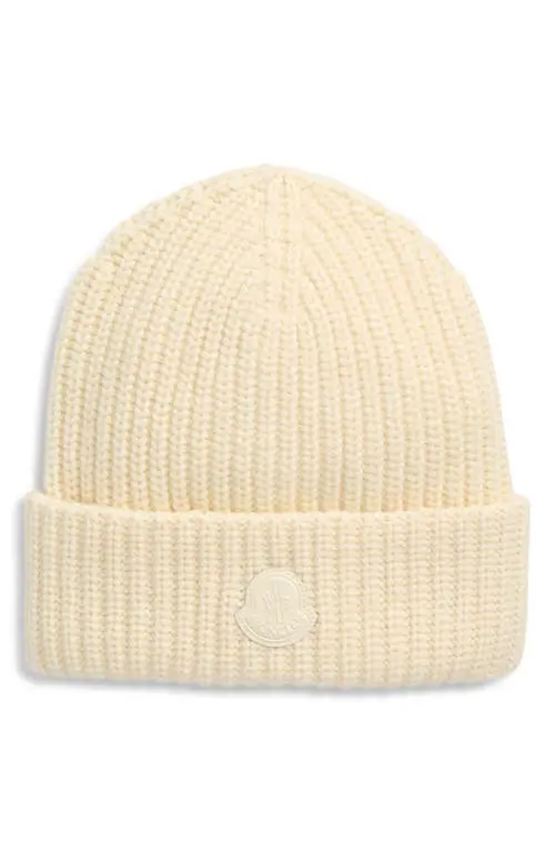 Moncler Logo Patch Virgin Wool & Cashmere Beanie - White