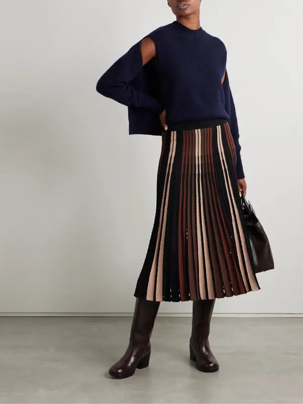Diane Von Furstenberg Tribeca Cutout Pleated Striped Ribbed-knit Midi Skirt