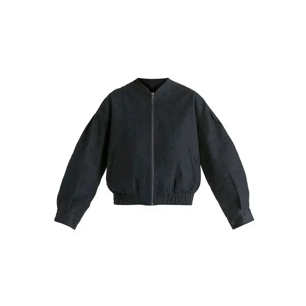 PAISIE Embroidered Polka Dots Denim Bomber Jacket With Zip Front In Denim - Blue