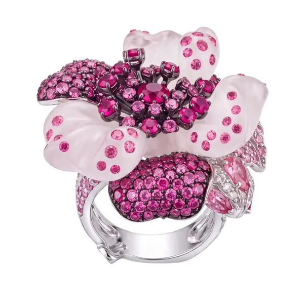 LATELITA White / Pink / Silver White Jade Ruby Rose Flower Cocktail Ring Silver