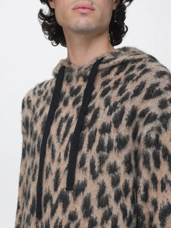 LANEUS Oversized Animalier Knit Hoodie With Dropped Shoulders - Brown