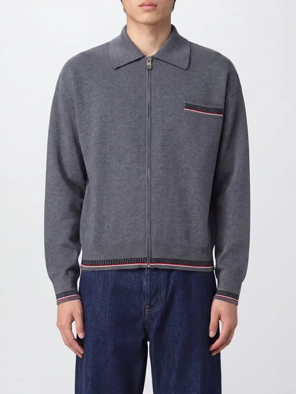 Versace Greca Pattern Wool Cardigan With Zip Closure