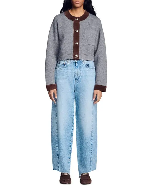 Sandro Parker Suede Trim Cardigan Sweater