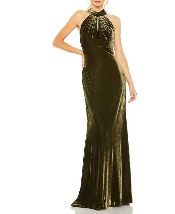Mac Duggal Halter Tie Front Slit Velvet Column Gown - Olive