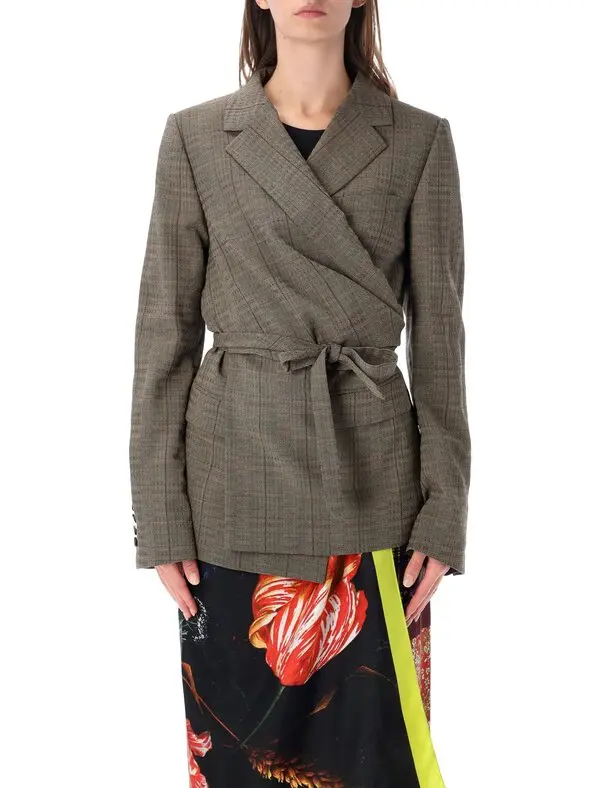 Dries Van Noten Plaid Wrap Blazer Jacket - Cement