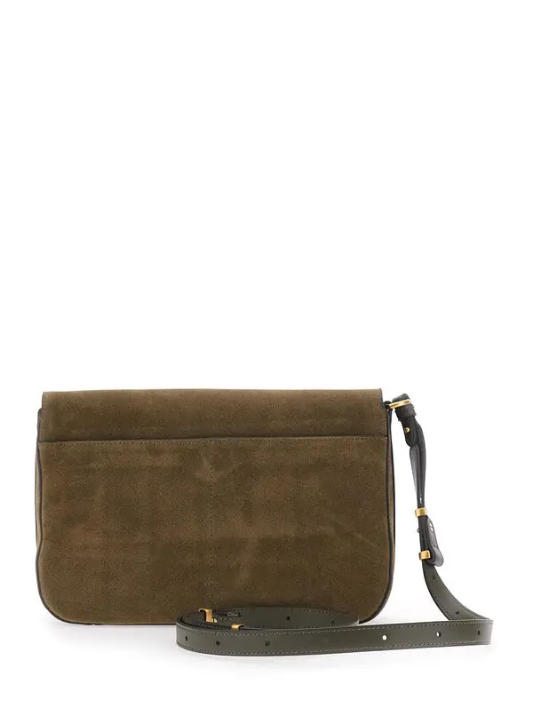 Pinko Suede Shoulder Handbag With Metal Front Details And Adjustable Strap - Green