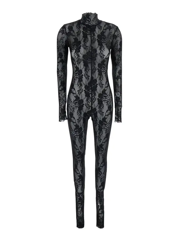 Norma Kamali Long Sleeve High-collar Catsuit In Stretch Lace And Power Mesh - Black