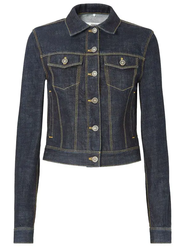 Fendi Mini Short Denim Jacket In Regenerated Cotton With Contrast Stitching