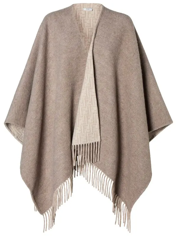 Fendi Large Double-sided Wool Cashmere Poncho With Ff Zucca Jacquard Lining & Fringe Hem - Grigio