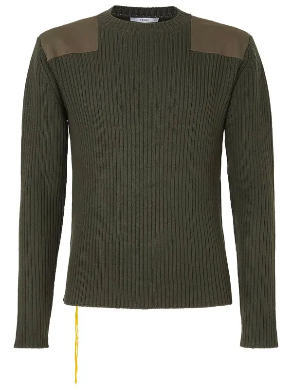 Fendi Stencil 1925 Crewneck Wool Sweater With Shoulder Patches And Contrast Stitching - Verde