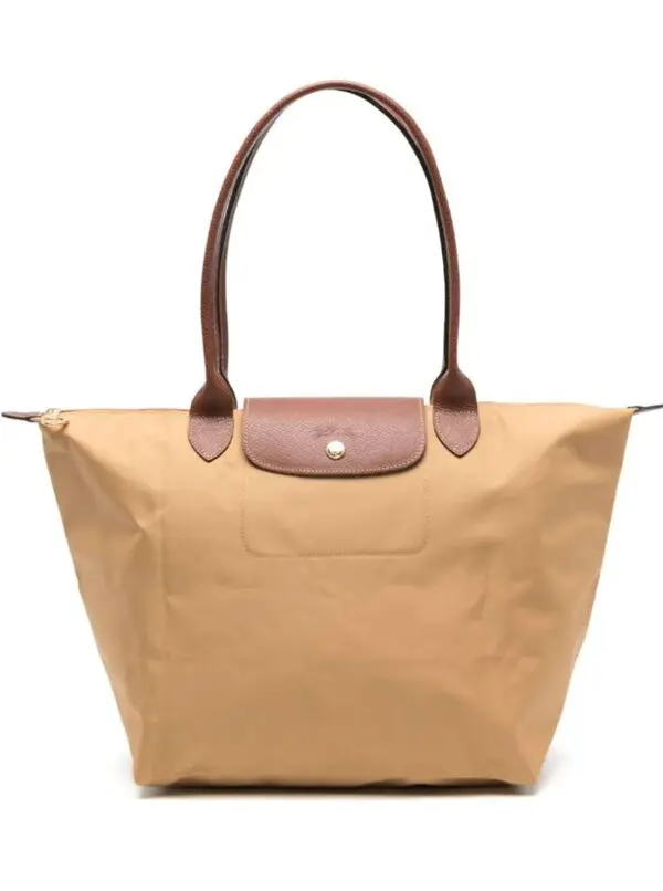 Longchamp Leather Shoulder Handbag With Button Closure - Beige
