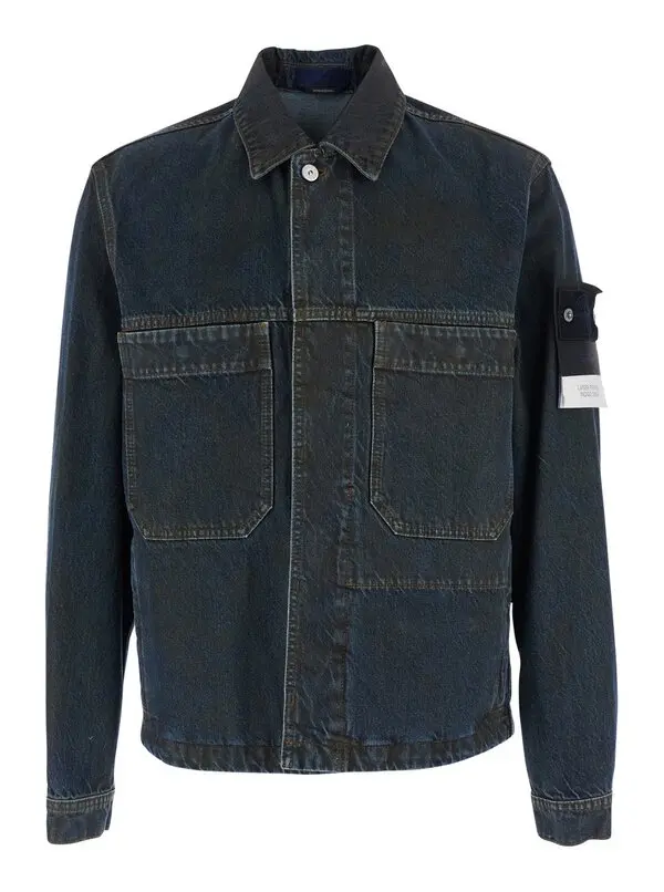 Stone Island Denim Biker Jacket With Mandarin Collar, Tech Fabric, Regular Fit - Brown