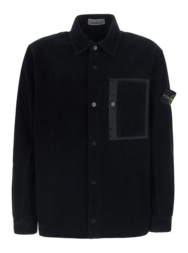 Stone Island Style Corduroy Jacket With Front Patch Pocket And Logo Patch - Black