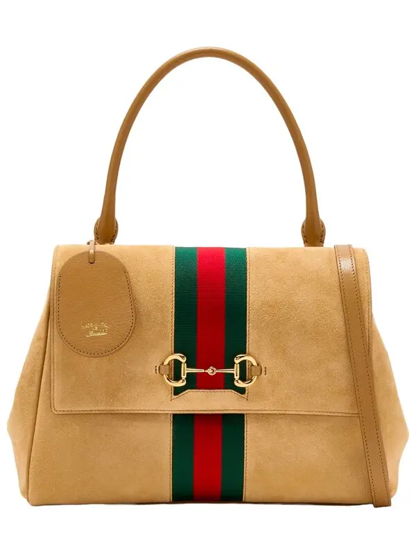 Gucci 24 Cm Mini Suede Crossbody Bag With Web Detail, Horsebit Lining & Leather Strap - Beige