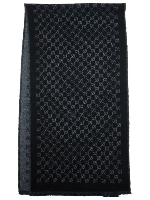 Gucci Gg Embroidered Wool Scarf With Fringed Edges - Nero